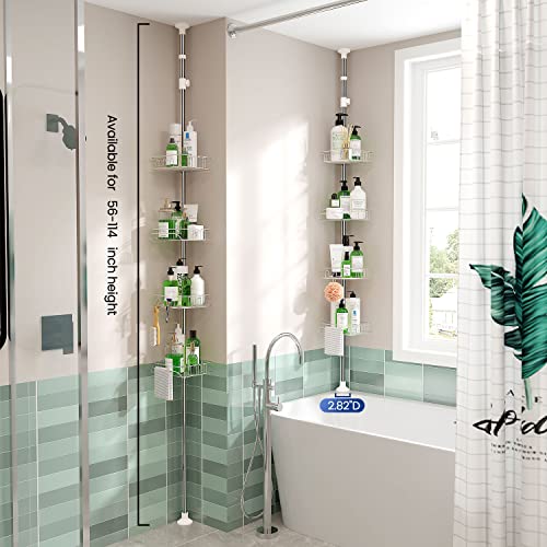 SEIRIONE Rustproof Shower Corner Caddy Organizer for Bathroom, Freestanding Tension Pole with 4 Baskets, for Bathtub Shampoo Storage, 56 to 114 Inch Height