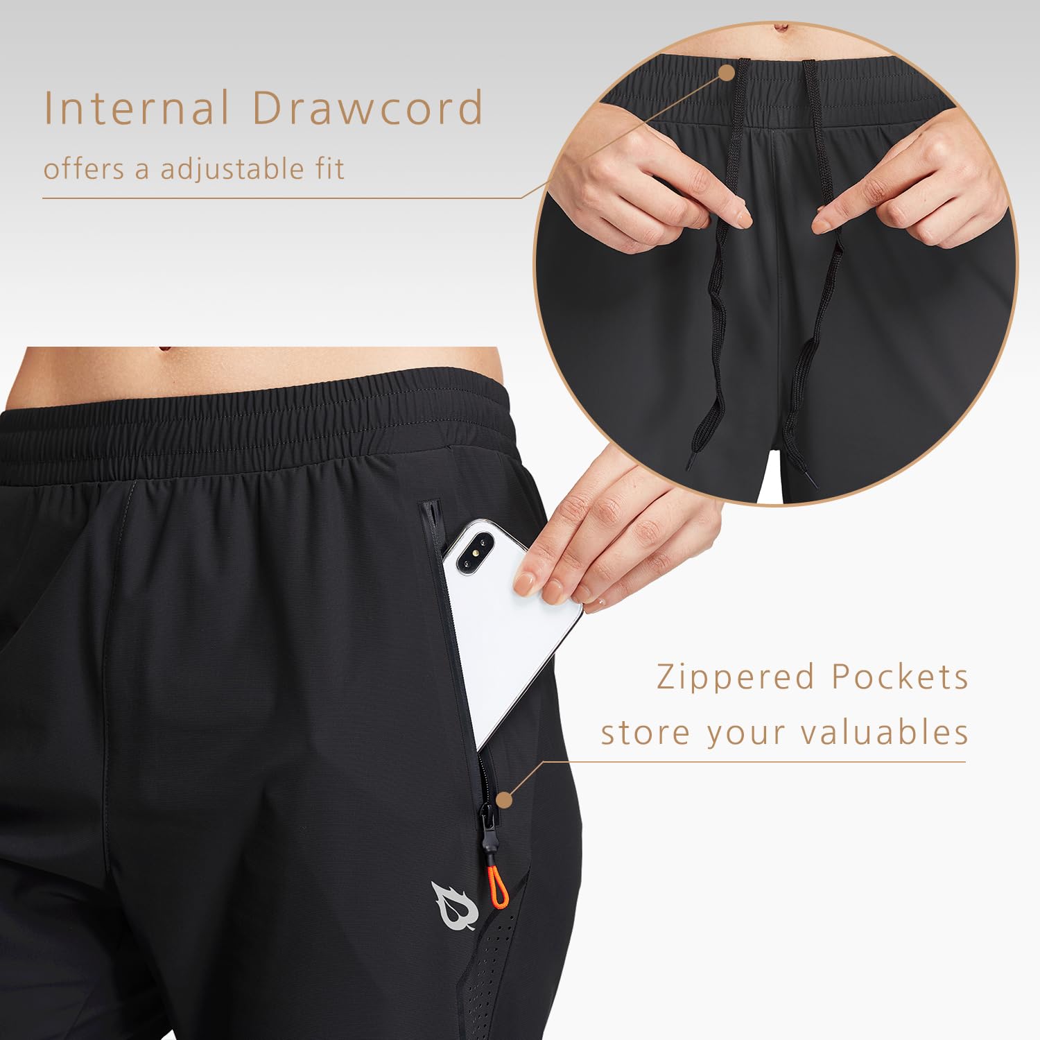 BALEAF Hiking Pants Women Joggers Workout Athletic Lightweight Running Travel Track Pants Quick Dry 2 Zipper Pockets Black S