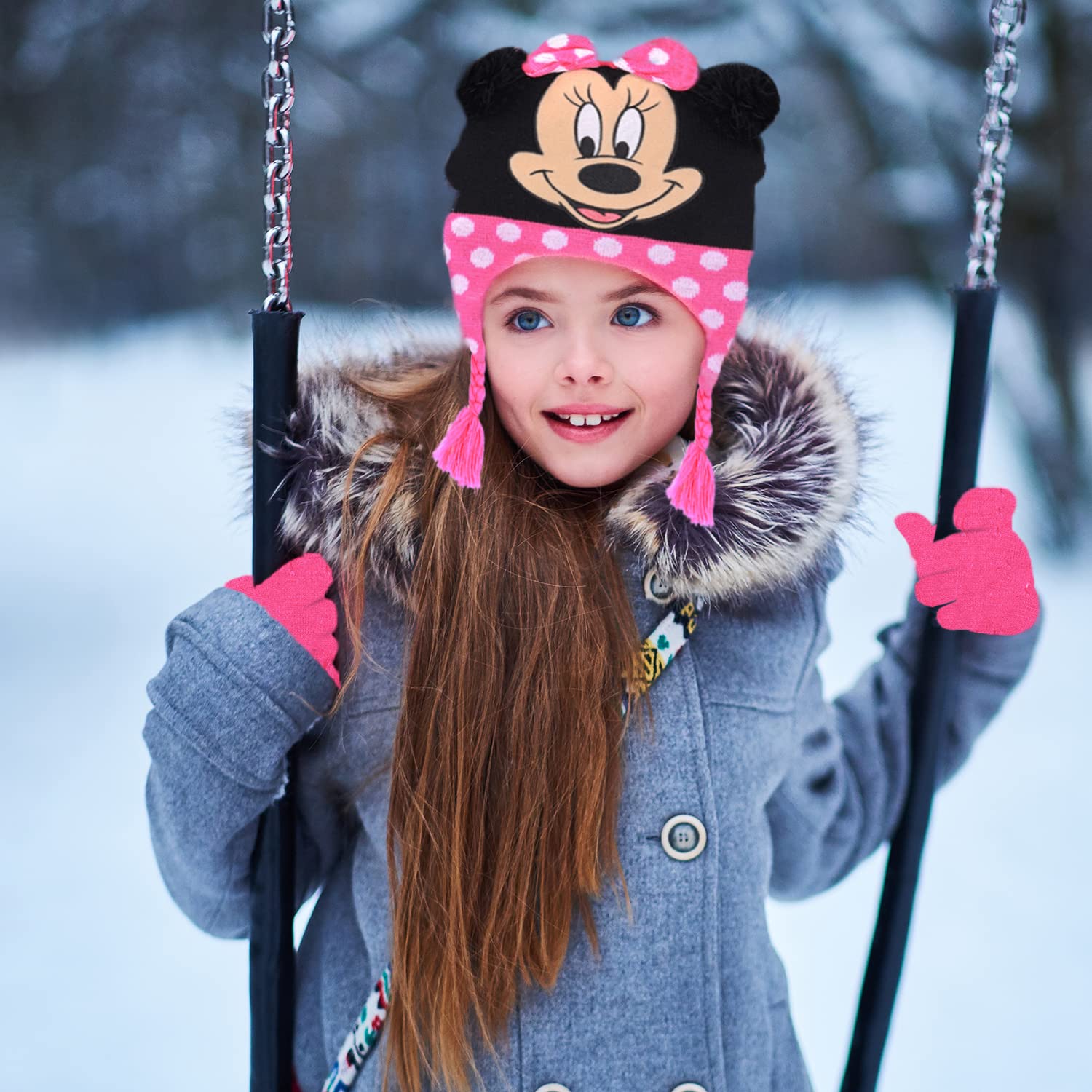 Disney Minnie Mouse Kid’s Winter Hat and Snow Gloves for Girls and Toddlers, 2 Pc. Set, Warm Fleece Lined Beanie with Bow