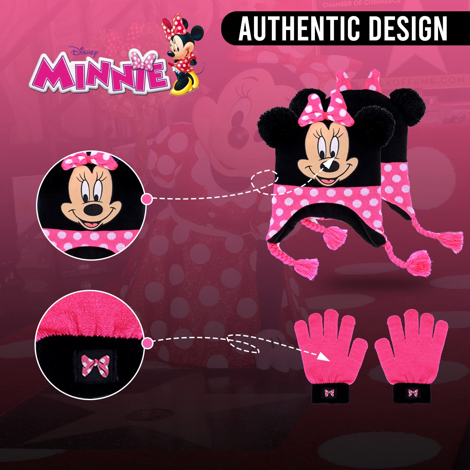 Disney Minnie Mouse Kid’s Winter Hat and Snow Gloves for Girls and Toddlers, 2 Pc. Set, Warm Fleece Lined Beanie with Bow