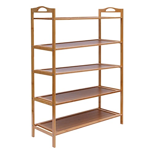 RudiUsoy Bamboo Shoe Rack, 5 Tier Freestanding Shoe Shelf Storage Organizer with 2 Handles for Entryway, Hallway, Closet
