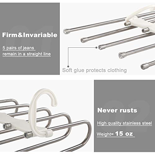 WAOU Massy Pants Hangers Multi-Layer Hanging Pants 5 in 1 Pants Rack Stainless Steel Pants Hangers Folding Storage Rack Space Saver Storage for Trousers Scarf Tie Belt Adjustable(2 Pack)