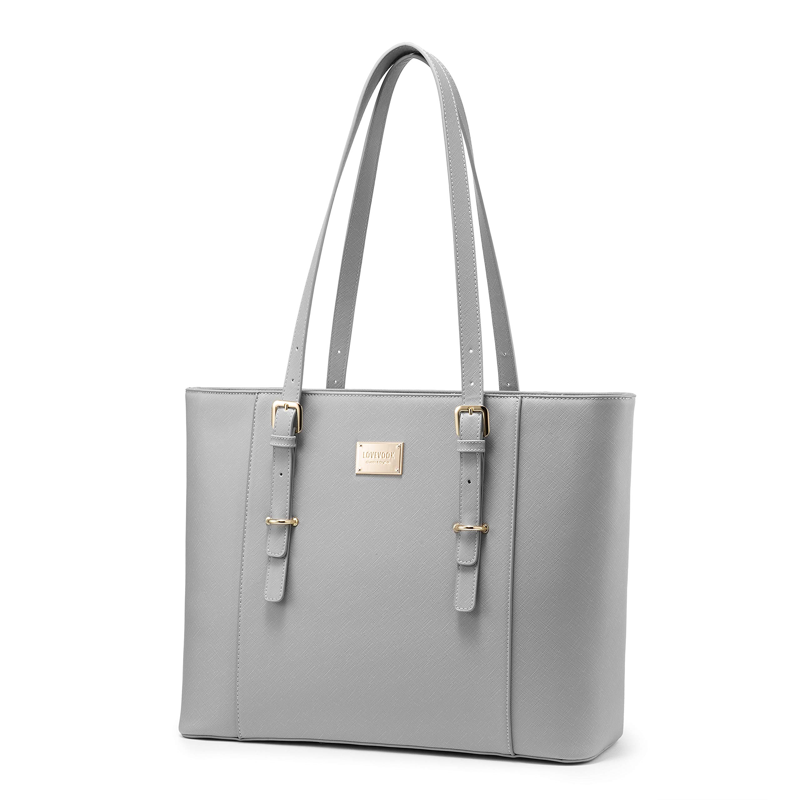 LOVEVOOK Laptop Bag for Women, Structured Leather Computer Bag, Professional Work Tote Purse, Teacher/Attorney’s Choice, Light-Grey
