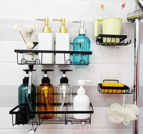 RISETEX Adhesive Shower Caddy,Bathroom Shower Organizer and Soap Dishes with Hooks,No Drilling Traceless Rustproof Bathroom Storage Wall Shower Organizer for Bathroom Toilet Kitchen RVs (Black 4)