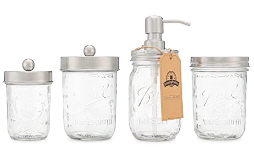 Jarmazing Products Ball Mason Jar Bathroom Gift Set (4 pcs) - Lotion/Soap Dispenser, Toothbrush Holder, Q-Tip Storage Jars - Farmhouse Home Decor for Vanity Organization - Stainless Steel