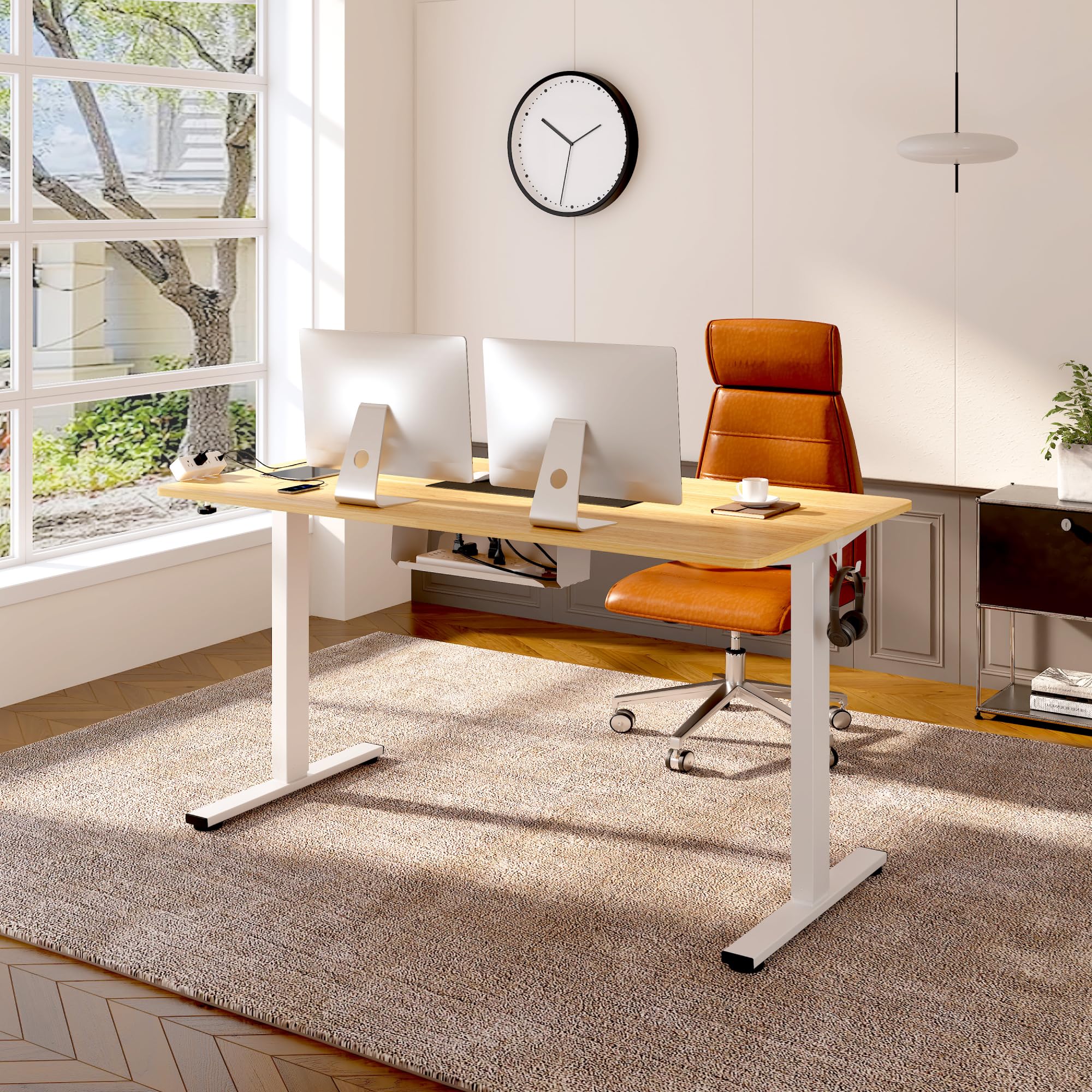 FLEXISPOT EN2 Whole-Piece Standing Desk, 55 x 28 Electric Stand Up Height Adjustable Desk (White Frame + 55" Maple Top, 2 Packages)