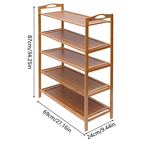 RudiUsoy Bamboo Shoe Rack, 5 Tier Freestanding Shoe Shelf Storage Organizer with 2 Handles for Entryway, Hallway, Closet