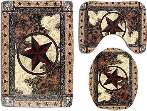 Giwawa Western Texas Star Bathroom Rugs Set 3 Piece with Non-Slip Bath Rugs Toilet Lid Cover U-Shaped Contour Toilet Mat Rustic Farmhouse Bath Mats for Bathroom