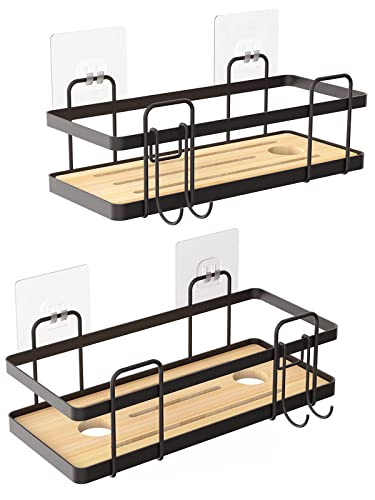 Keebofly Shower Caddy Bathroom Shower Organizer Shelf with Hooks,2 Pack,Shower Rack Self Adhesive Hanging,Rustproof Bamboo Basket,No Drilling Shower Storage Holder for Bathroom Shower Kitchen Black