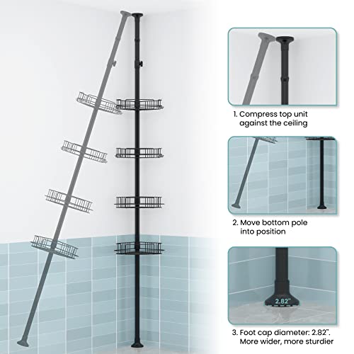 EZFurni Shower Caddy Corner, 4 Layer Shower Organizer, Rustproof Stainless Shower Shelves, Drill Free Shower Rack, Large Shower Storage and Shower Caddy Tension Pole,56-114 Inch, Black