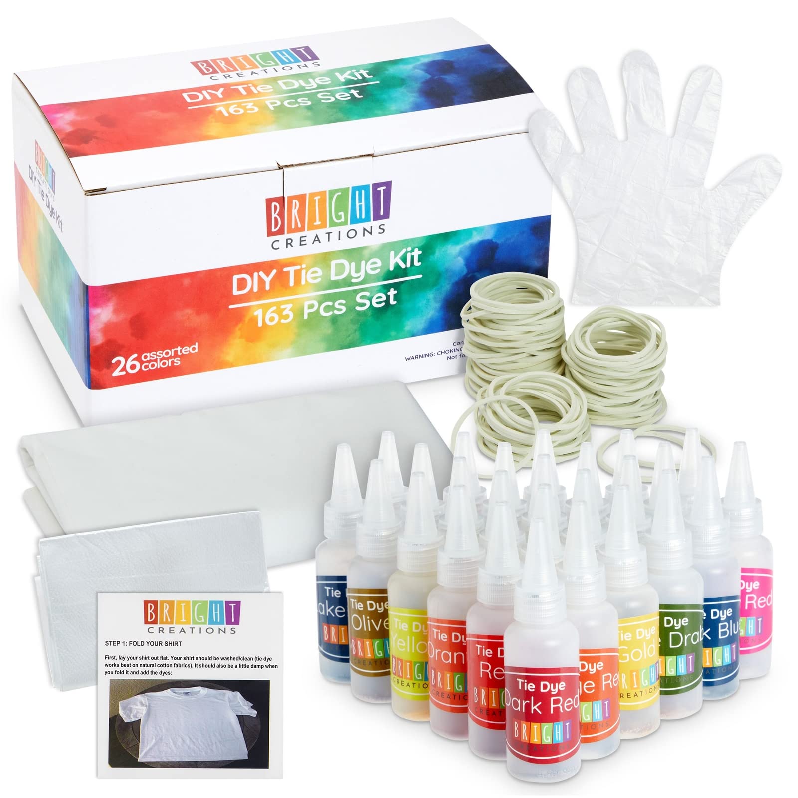 Bright Creations 26-Color Tie Dye Kit for Adults, Kids - Fabric Dyes for Clothing with Instructions, Table Cover, Rubber Bands, Gloves, and Aprons