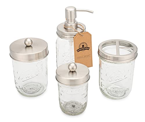 Jarmazing Products Ball Mason Jar Bathroom Gift Set (4 pcs) - Lotion/Soap Dispenser, Toothbrush Holder, Q-Tip Storage Jars - Farmhouse Home Decor for Vanity Organization - Stainless Steel