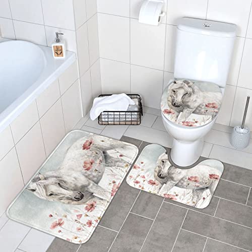 ELBULL Horse Surrounded by Flowers Print Flannel Anti Slip Mat 3 Pieces/Set Super Soft Non Slip Rugs Super Absorbent Bathroom