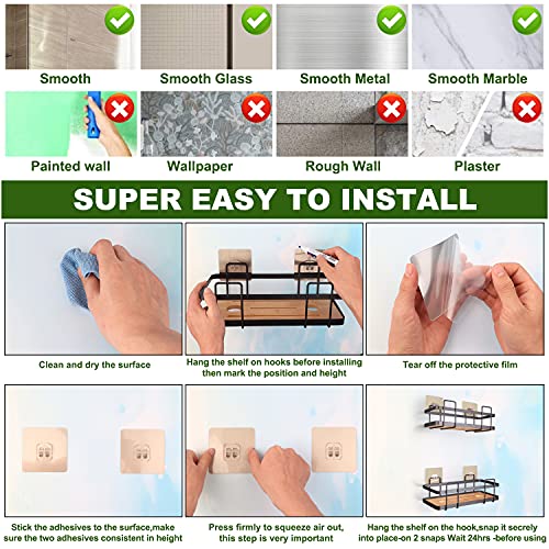 Keebofly Shower Caddy Bathroom Shower Organizer Shelf with Hooks,2 Pack,Shower Rack Self Adhesive Hanging,Rustproof Bamboo Basket,No Drilling Shower Storage Holder for Bathroom Shower Kitchen Black