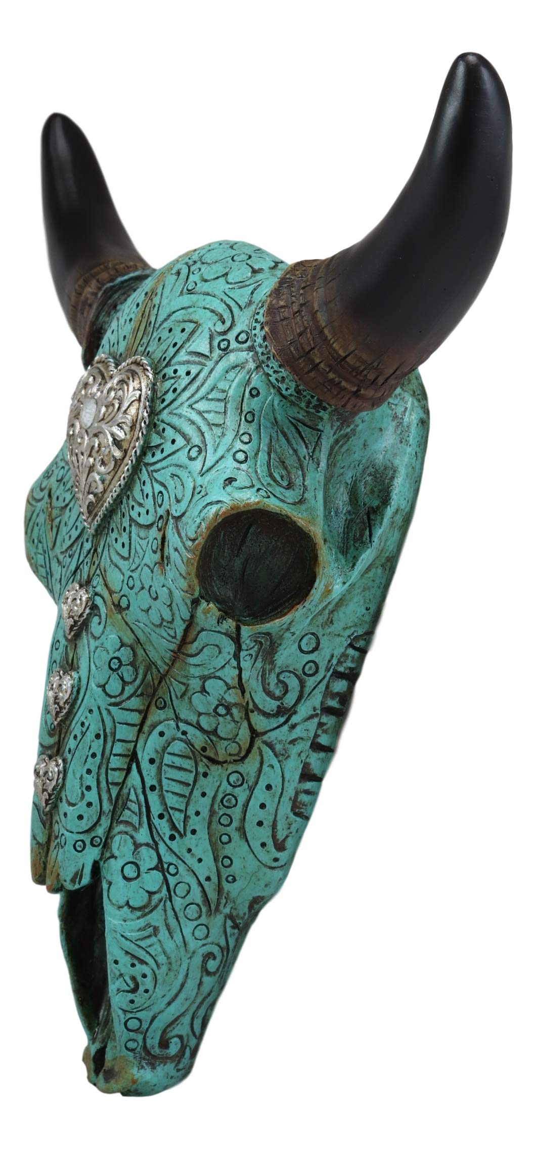Ebros 10" Wide Western Southwest Steer Bison Buffalo Bull Cow Horned Skull Head Turquoise Silver Heart With Scroll Lace Design Wall Mount Decor Native Indian Sacred Animal Totem Bust Skulls