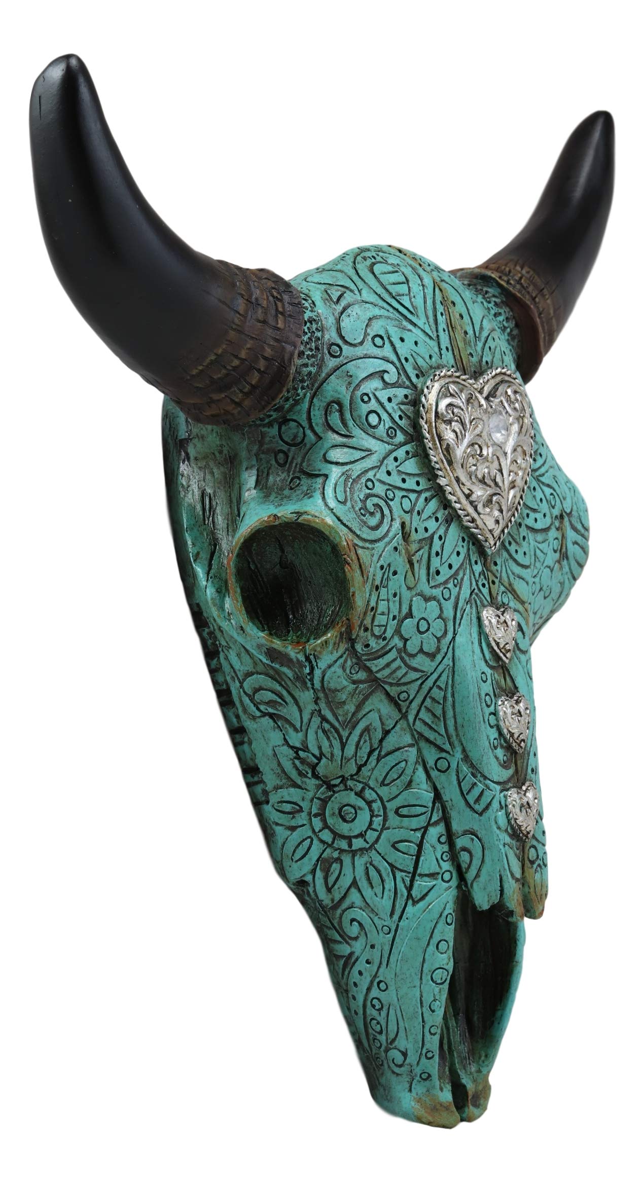 Ebros 10" Wide Western Southwest Steer Bison Buffalo Bull Cow Horned Skull Head Turquoise Silver Heart With Scroll Lace Design Wall Mount Decor Native Indian Sacred Animal Totem Bust Skulls
