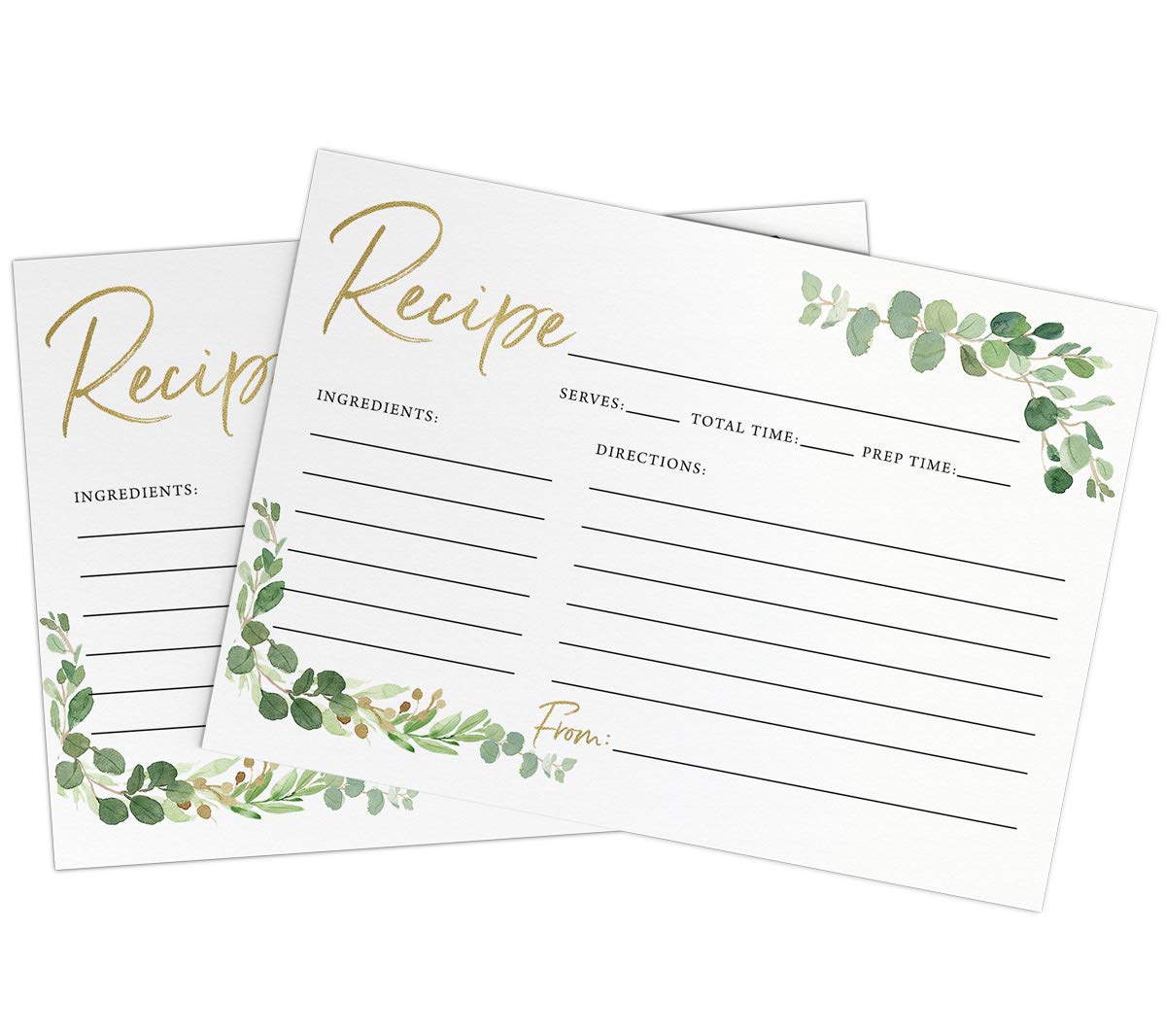 Printed Party Recipe Cards, Gold Greenery, Set of 50