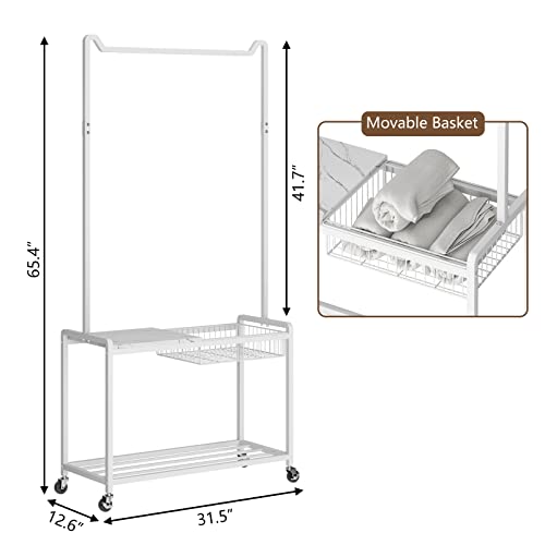 XYZLVSI 3-Tier Rolling Clothing Garment Rack for Hanging Clothes, 3-in-1, with Coat Rack, Movable Basket and 2 Storage Shelves, White
