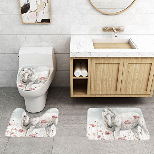 ELBULL Horse Surrounded by Flowers Print Flannel Anti Slip Mat 3 Pieces/Set Super Soft Non Slip Rugs Super Absorbent Bathroom