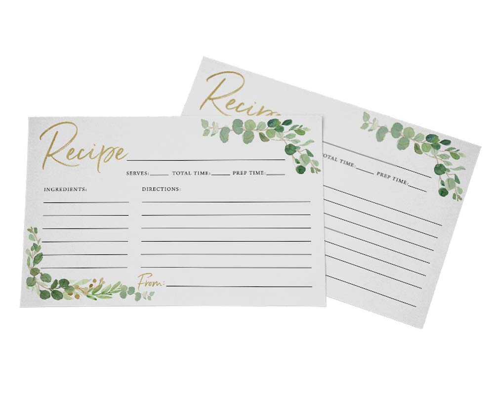Printed Party Recipe Cards, Gold Greenery, Set of 50