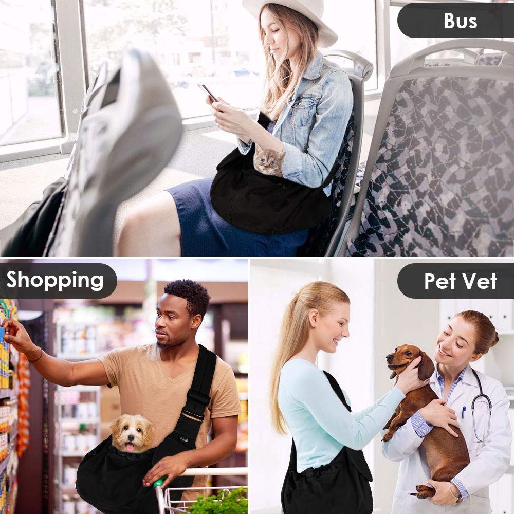 SlowTon Dog Carrier Sling - Hard Bottom Support Dog Carriers for Small Dogs with Adjustable Padded Shoudler Strap, Dog Purse for Puppy Cat Pet with Drawstring Opening Storage Zipper Pockets (Black)