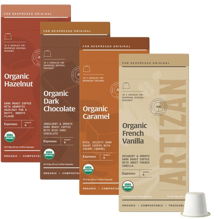 Artizan Coffee USDA Organic Espresso Coffee Capsules For Nespresso Original | Flavors Variety | 40 Compatible Compostable Pods