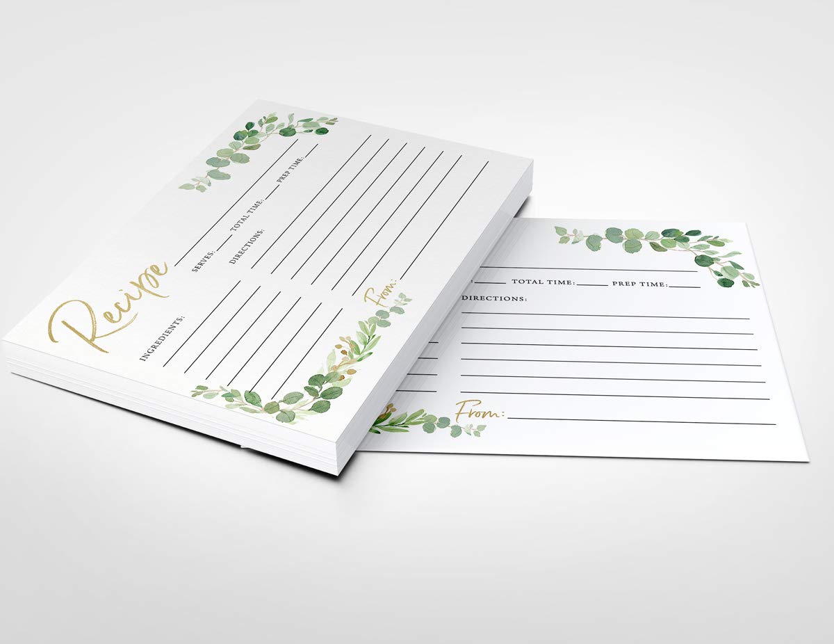 Printed Party Recipe Cards, Gold Greenery, Set of 50