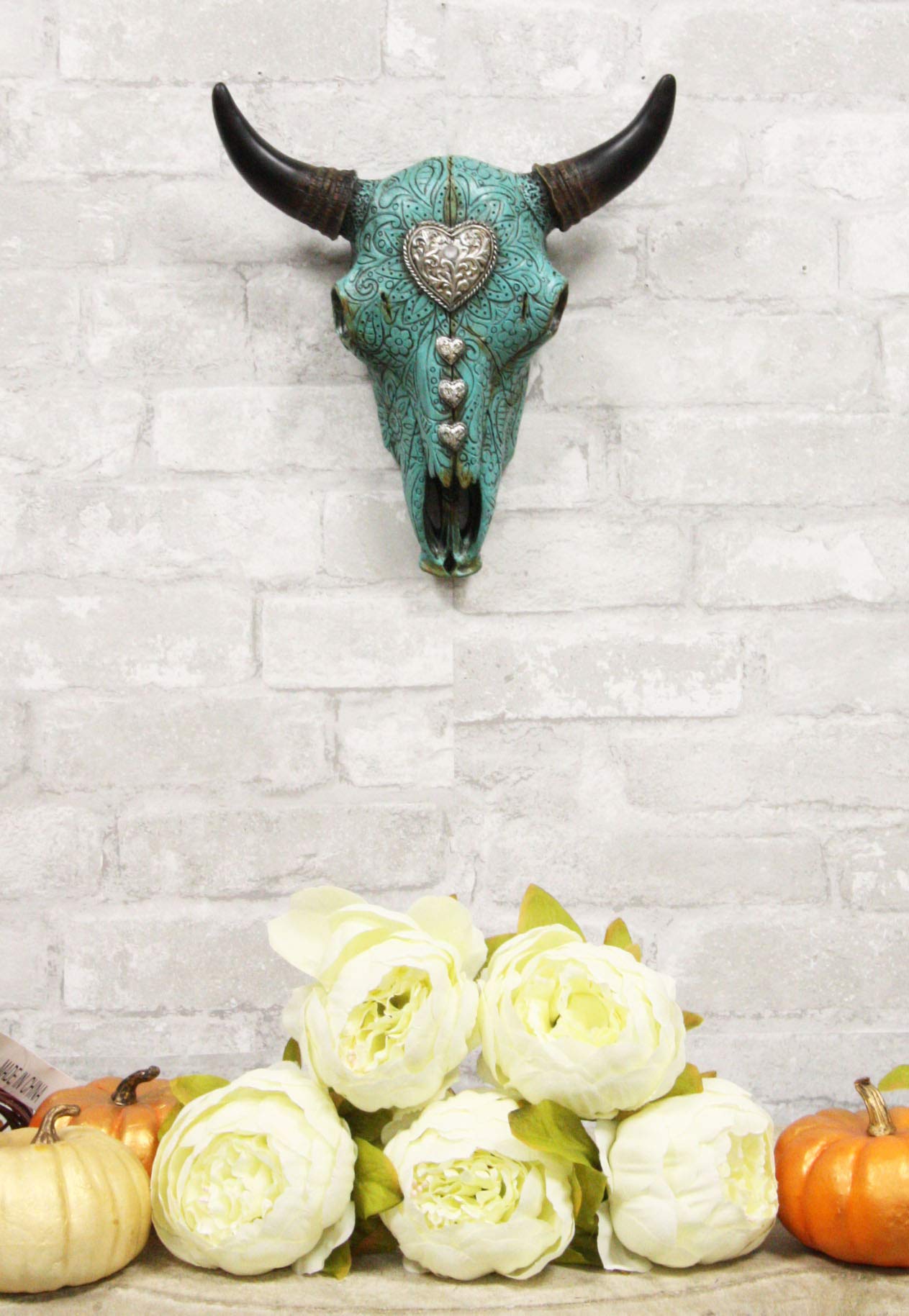 Ebros 10" Wide Western Southwest Steer Bison Buffalo Bull Cow Horned Skull Head Turquoise Silver Heart With Scroll Lace Design Wall Mount Decor Native Indian Sacred Animal Totem Bust Skulls