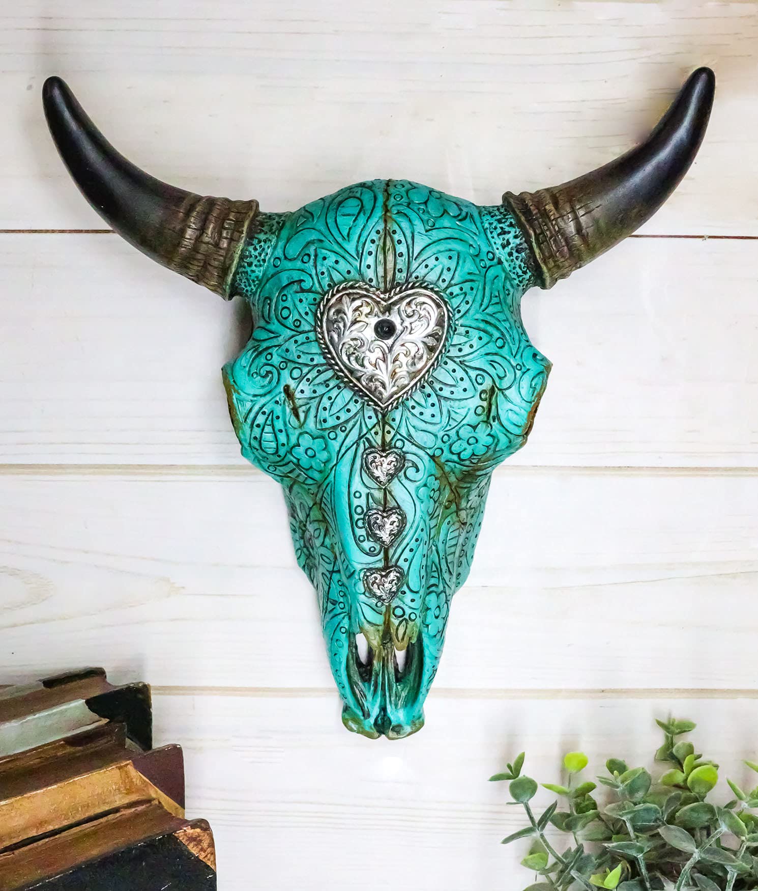 Ebros 10" Wide Western Southwest Steer Bison Buffalo Bull Cow Horned Skull Head Turquoise Silver Heart With Scroll Lace Design Wall Mount Decor Native Indian Sacred Animal Totem Bust Skulls