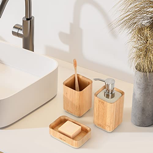 Bamboo Bathroom Accessories Set, Bamboo Wood Bathroom Accessories Include Bamboo Soap Dispenser, Tumbler, Soap Dish, with Concrete Base