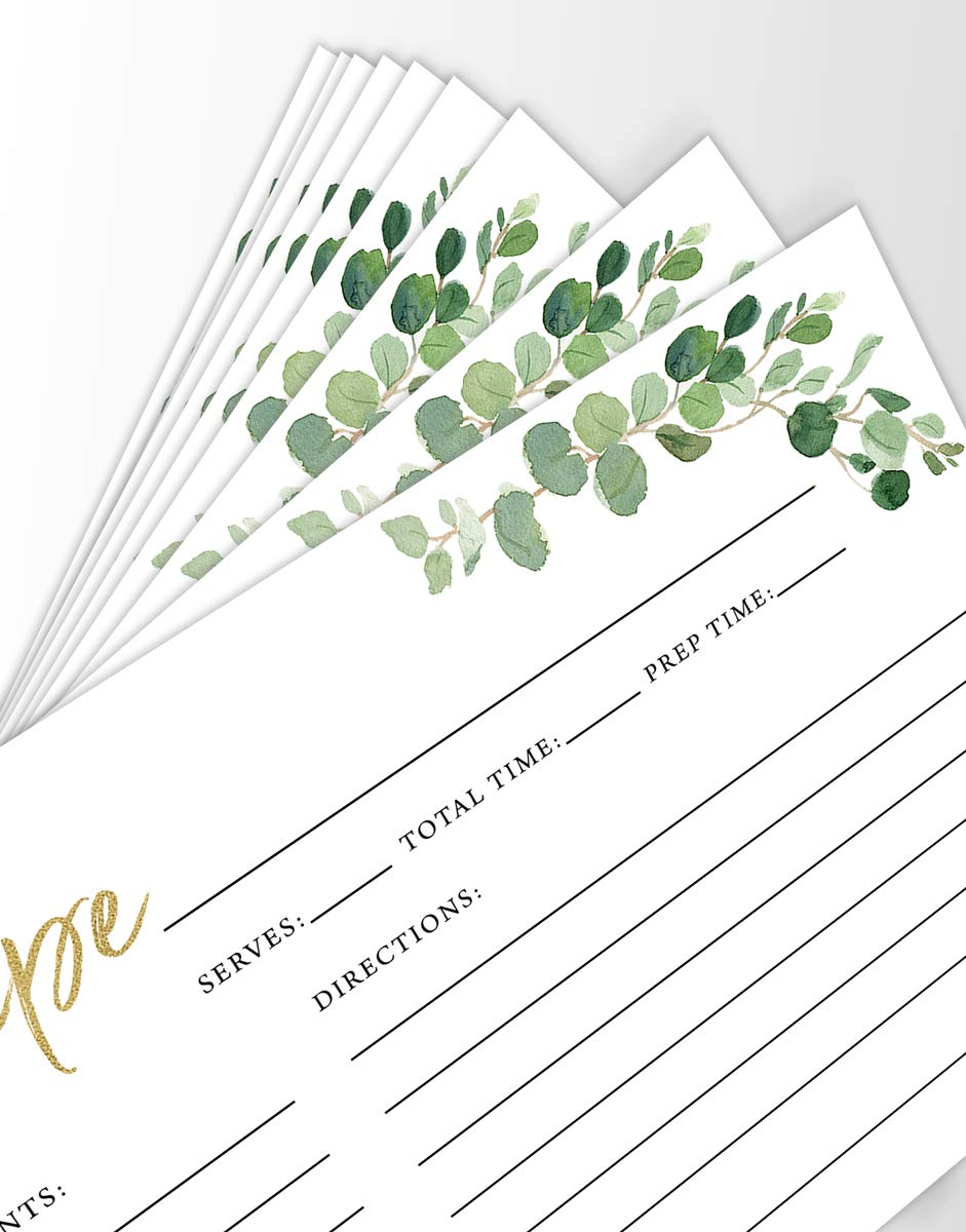 Printed Party Recipe Cards, Gold Greenery, Set of 50
