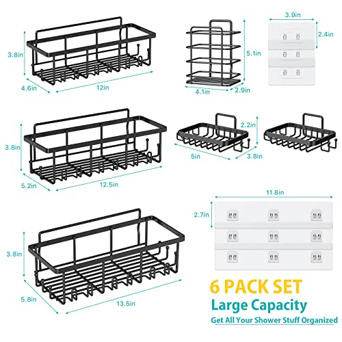 PLOOHT Shower Caddy 6 Pack, Upgraded Stronger Adhesive Shower Organizer, 13in Large Capacity Shower Shelves for Inside Shower, Rustproof Stainless Steel Bathroom Shelves with 10 Hooks, Black
