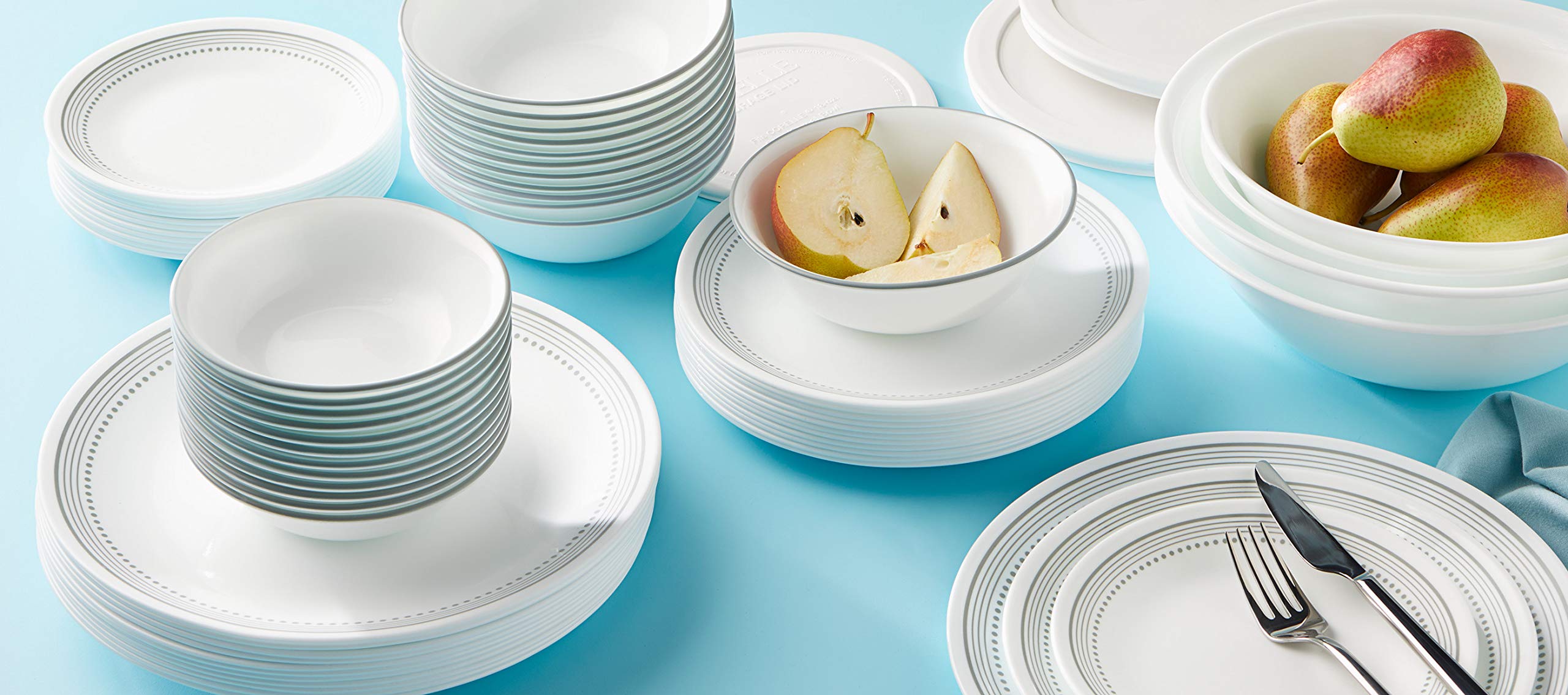 Corelle Vitrelle 78-Piece Service for 12 Dinnerware Set, Triple Layer Glass and Chip Resistant, Lightweight Round Plates and Bowls Set, Mystic Gray