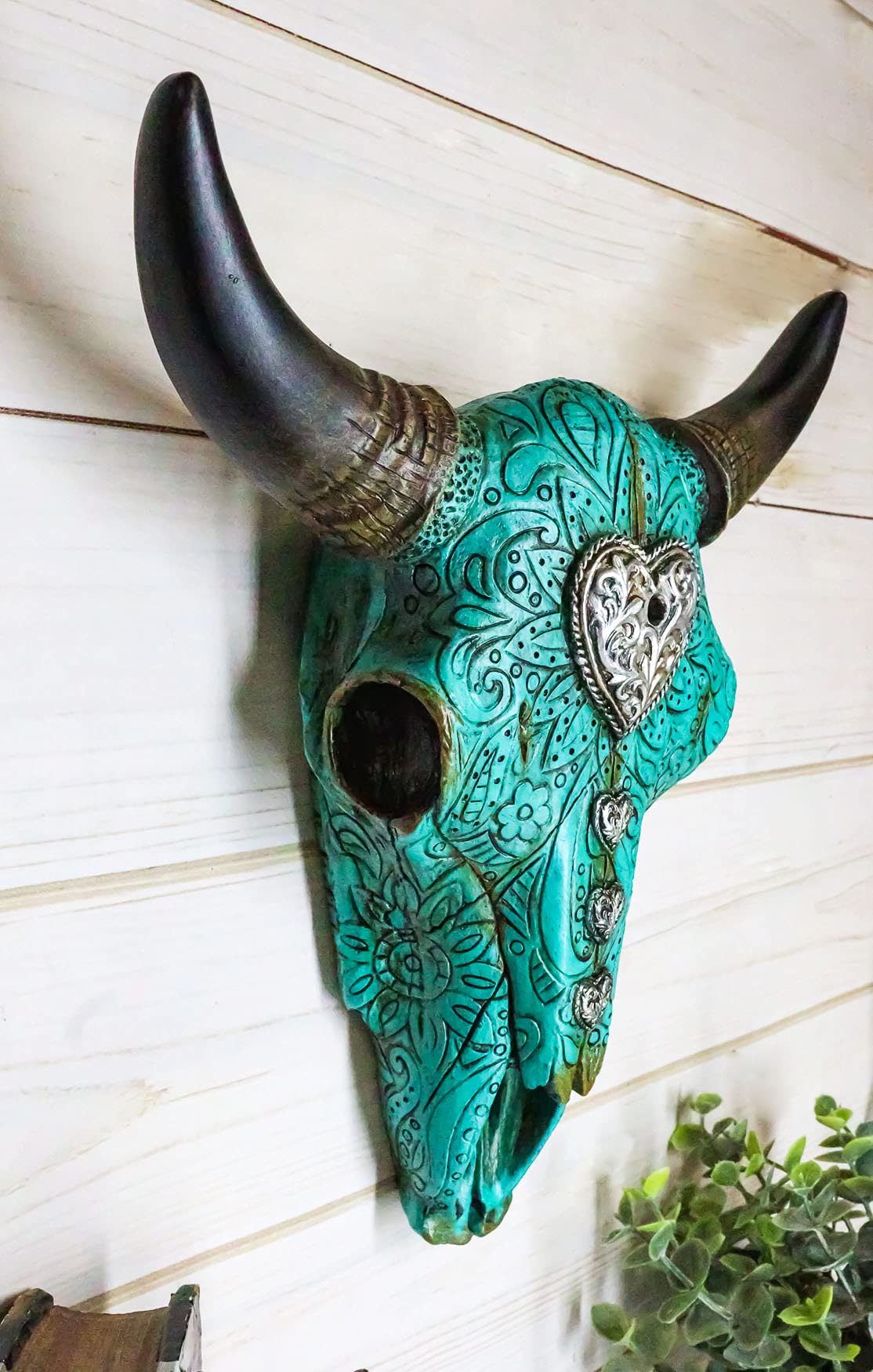 Ebros 10" Wide Western Southwest Steer Bison Buffalo Bull Cow Horned Skull Head Turquoise Silver Heart With Scroll Lace Design Wall Mount Decor Native Indian Sacred Animal Totem Bust Skulls