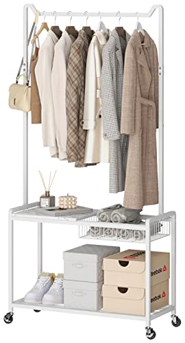 XYZLVSI 3-Tier Rolling Clothing Garment Rack for Hanging Clothes, 3-in-1, with Coat Rack, Movable Basket and 2 Storage Shelves, White