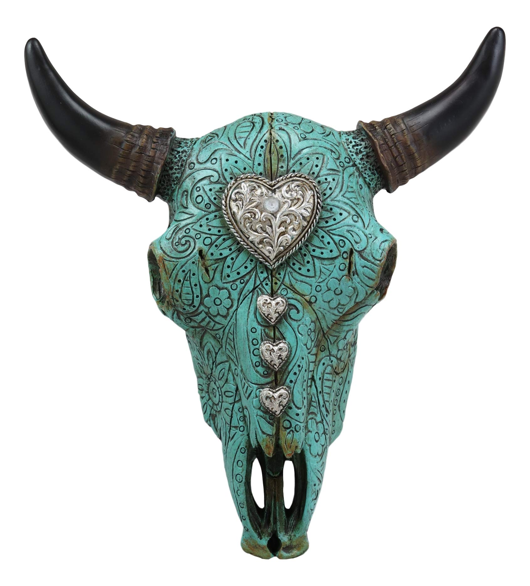 Ebros 10" Wide Western Southwest Steer Bison Buffalo Bull Cow Horned Skull Head Turquoise Silver Heart With Scroll Lace Design Wall Mount Decor Native Indian Sacred Animal Totem Bust Skulls