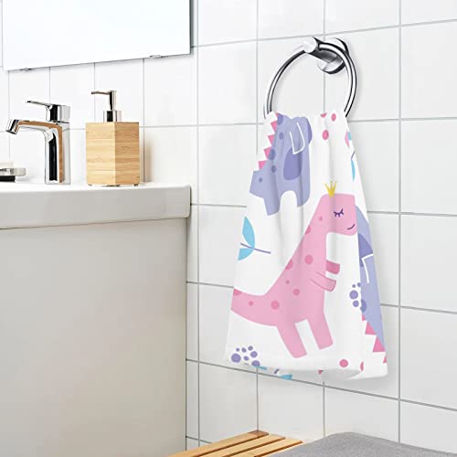 Kigai Pink Dinosaur Cotton Hand Towels for Bathroom, Soft Absorbent Washcloths for Kitchen Hotel Gym Swim Camp Beach Spa, 2 Pack
