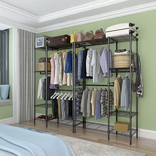 Karl home Adjustable Wire Garment Rack Set of 2, Heave Duty Clothes Rack Freestanding Closet Organizer, Clothing Wardrobe with 4 Tiers Storage Shelves 6 Hanging Rods Black Metal Frame 70.8" H