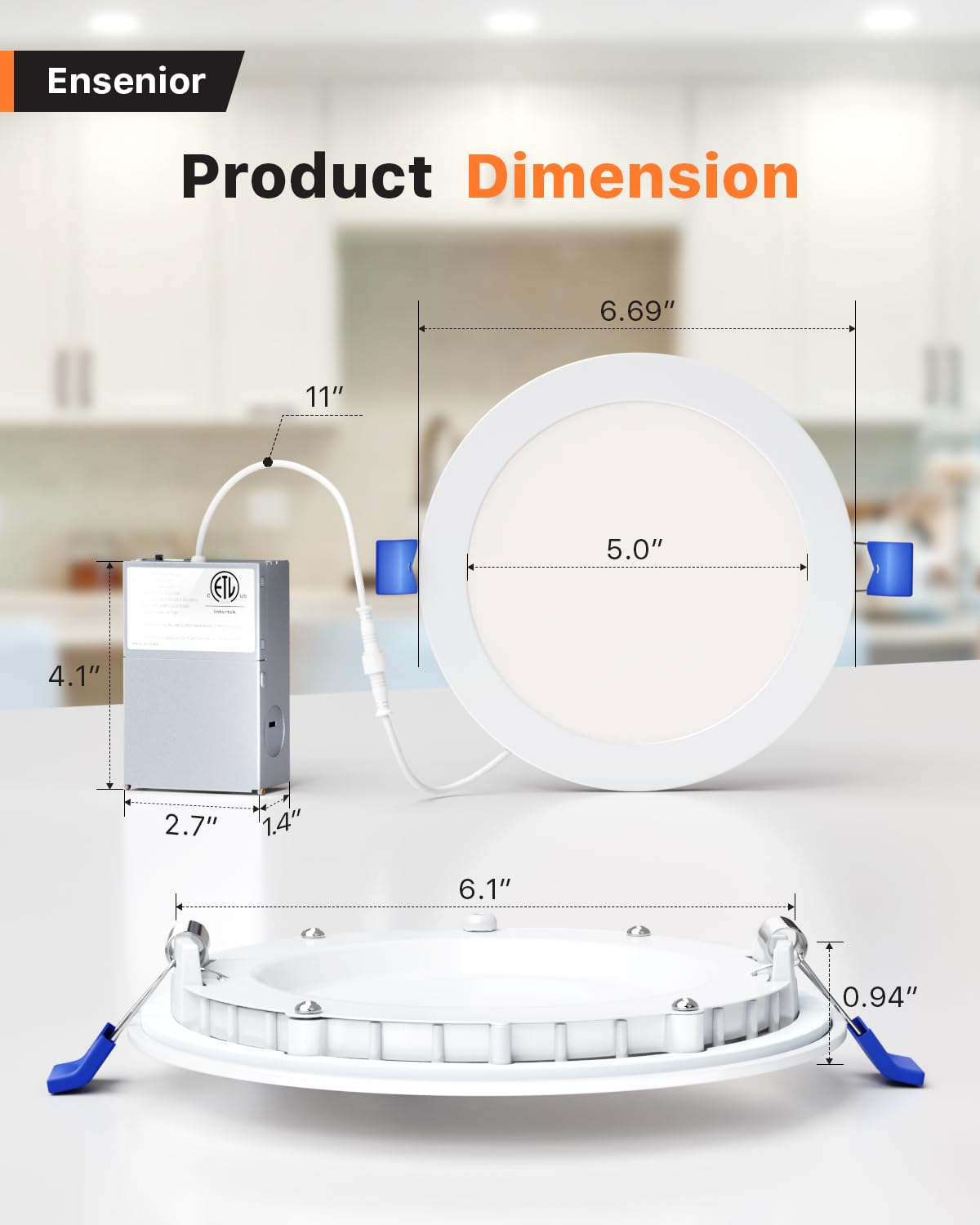 Ensenior 6 Pack 6 Inch LED Recessed Light, Dimmable, 5000K Daylight, 1050LM High Brightness, 12W 120V, Damp Rated, Ultra-Thin Canless Wafer Ceiling Light - ETL & FCC & IC