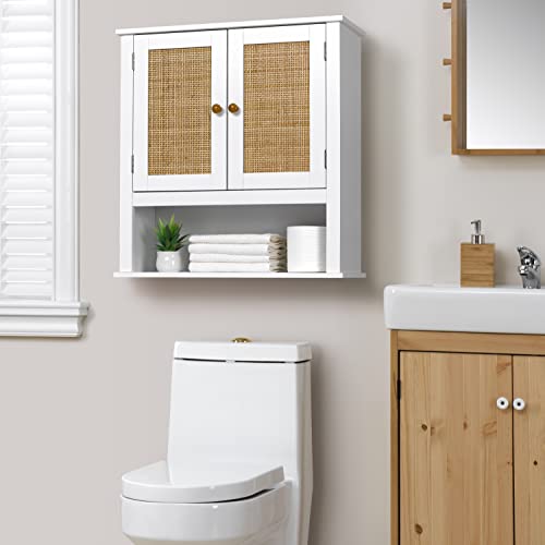 Finnhomy Bathroom Cabinet Wall Mounted, Bathroom Wall Cabinet with 2 Hand Made Rattan Doors and Adjustable Shelves, Over The Toilet Storage Cabinet, Medicine Cabinet for Bathroom Kitchen Laundry Room