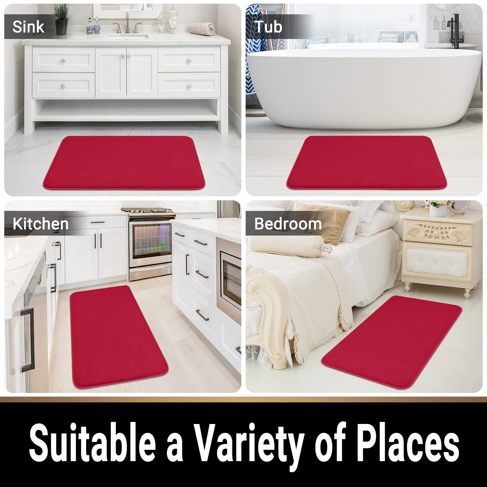 MAYSHINE Memory Foam Non Slip Anti Fatigue Bath Mat | Thick Absorbent Plush Velvet Bathroom Rug - Machine Washable, 34x19, Red