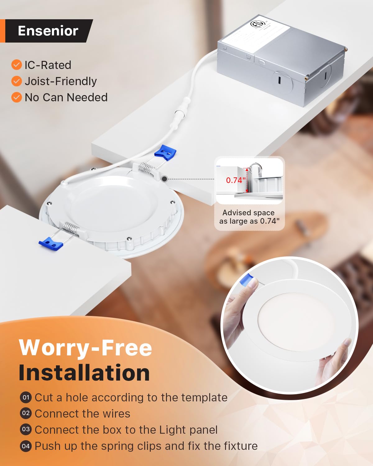 Ensenior 6 Pack 6 Inch LED Recessed Light, Dimmable, 5000K Daylight, 1050LM High Brightness, 12W 120V, Damp Rated, Ultra-Thin Canless Wafer Ceiling Light - ETL & FCC & IC