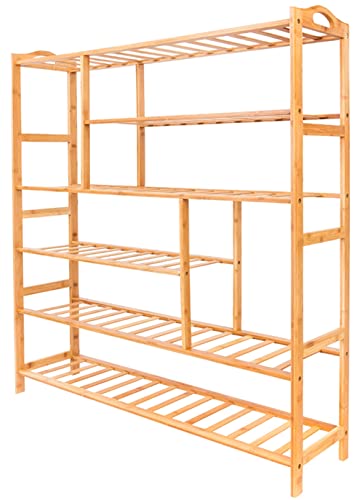 6-Tier Shoe Rack Organizer, Free Standing Bamboo Shoe Rack with Boot Organizer, Multifunctional Shoe Storage Shelf for Entryway, Shoe Storage Organizer Unit for Hallway, Living Room, Display Stand