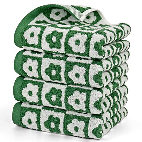 Hand Towels Checkered Floral - Set of 4 Soft Face Towels for Bathroom, Large Size 13” x 29”, Dark Olive Green