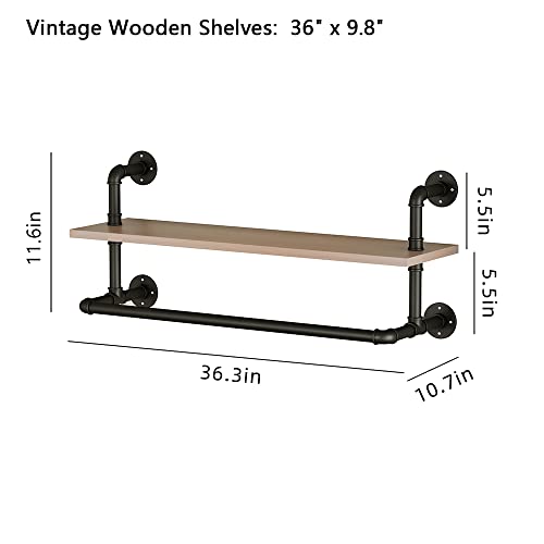 MAIKAILUN Wall Mounted Clothes Rack with Wood Shelf,36" Long Industrial Pipe Clothing Rack with Shelf Heavy Duty Iron Garment Rack Bar,Retail Display Clothes Rod for Clothes,Laundry Room,Black