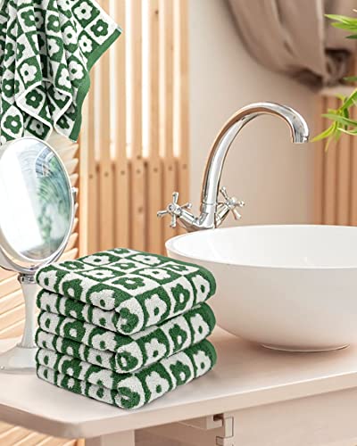 Hand Towels Checkered Floral - Set of 4 Soft Face Towels for Bathroom, Large Size 13β x 29β, Dark Olive Green