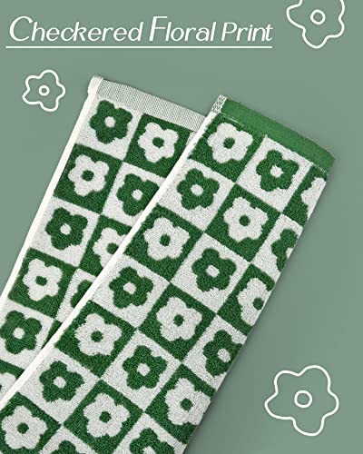 Hand Towels Checkered Floral - Set of 4 Soft Face Towels for Bathroom, Large Size 13β x 29β, Dark Olive Green