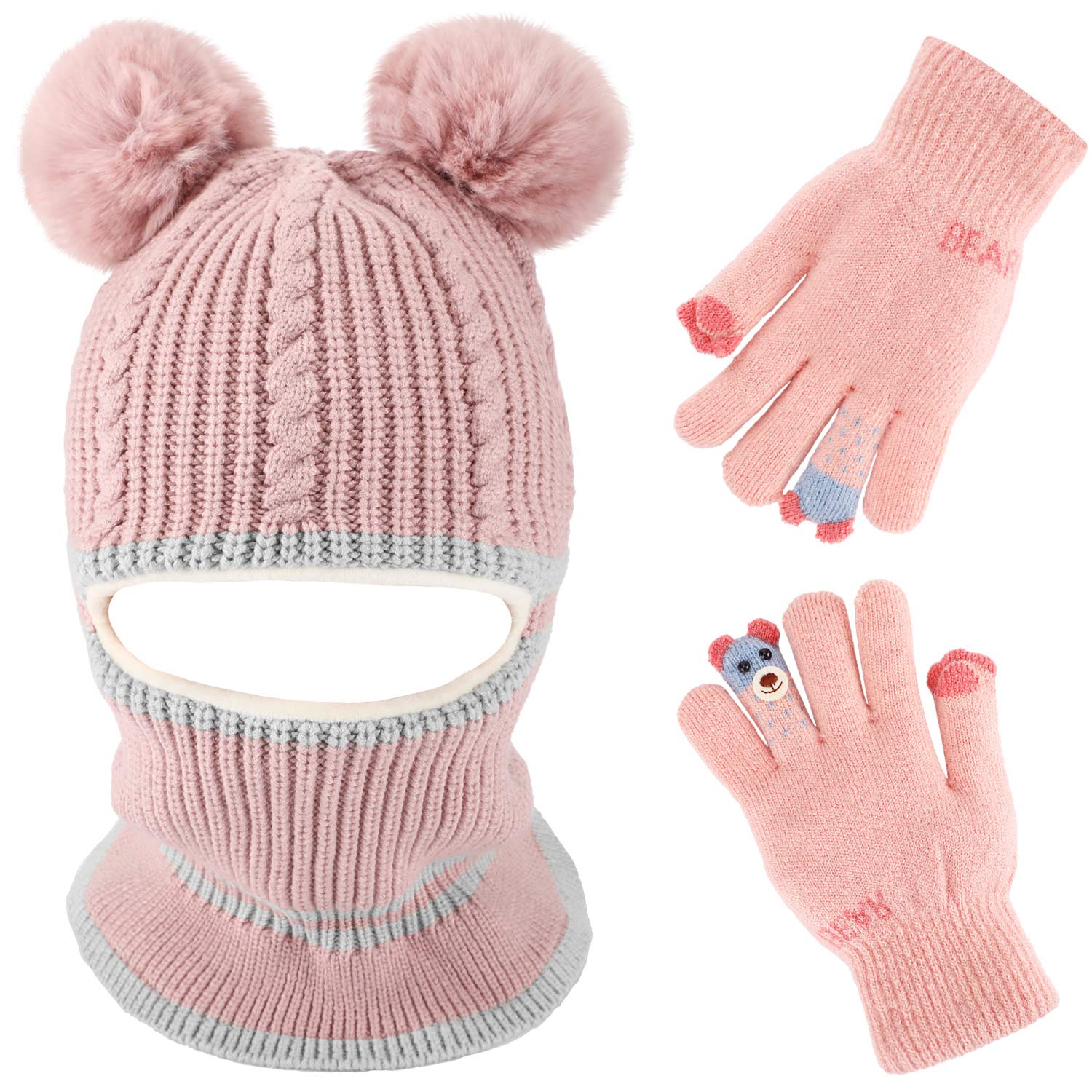 SATINIOR Kid Girls Winter Hat Gloves Set Pink Fleece Lined Warm Ski Mask Earflap Hood Skull Caps Cable Knit Gloves for Cold Weather