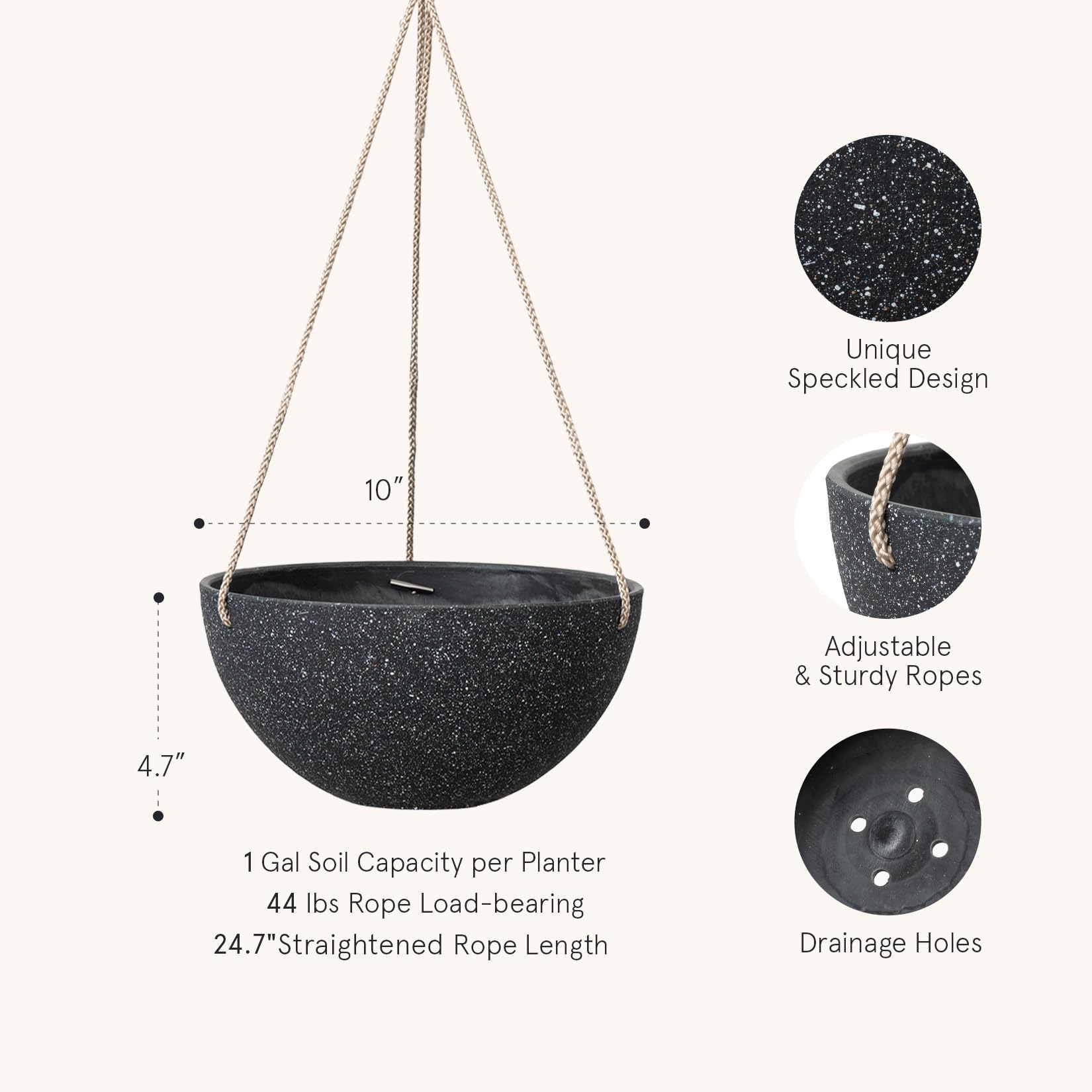 LA Jolie Muse Hanging Planters for Outdoor Plants - 10 Inch Indoor Flower Pots with Drainage, Plants Pots, Speckled-Black, Set of 2