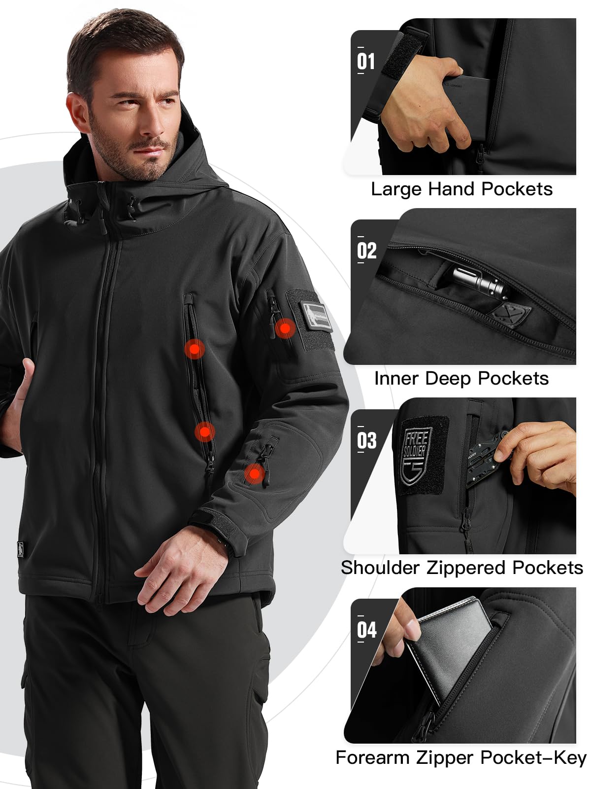 FREE SOLDIER Men's Outdoor Waterproof Soft Shell Hooded Military Tactical Jacket (Black XX-Large/US)